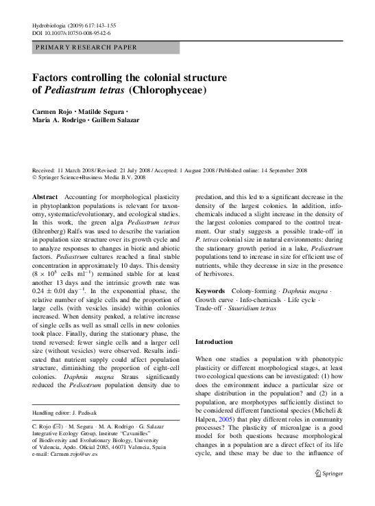 (PDF) Factors controlling the colonial structure of Pediastrum tetras ...