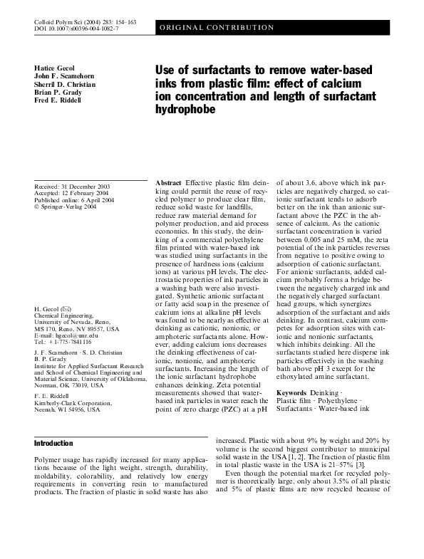 (PDF) Use of surfactants to remove water-based inks from plastic film ...