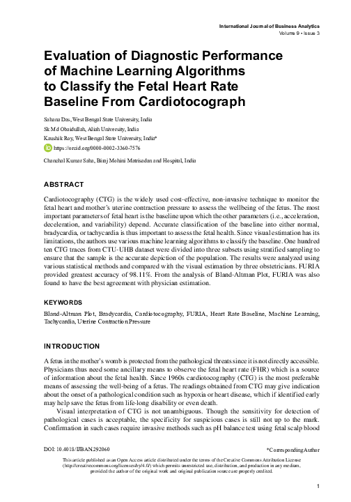 Pdf Evaluation Of Diagnostic Performance Of Machine Learning Algorithms To Classify The Fetal