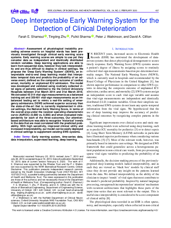Pdf Deep Interpretable Early Warning System For The Detection Of Clinical Deterioration