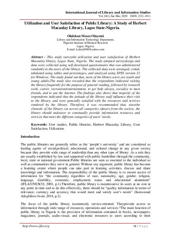 (PDF) Utilization and User Satisfaction of Public Library: A Study of Herbert Macaulay Library ...