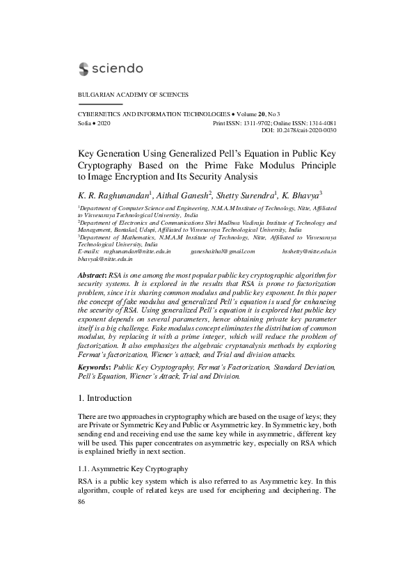 (PDF) Key Generation Using Generalized Pell’s Equation in Public Key Cryptography Based on the ...
