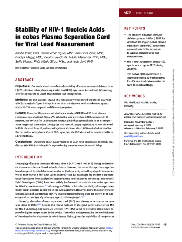 (PDF) Stability of HIV-1 Nucleic Acids in cobas Plasma Separation Card ...