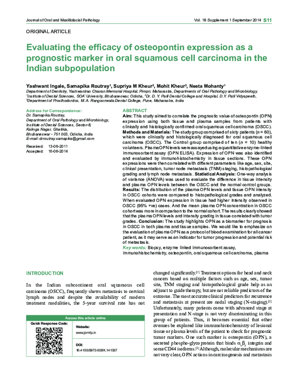 (PDF) Evaluating the efficacy of osteopontin expression as a prognostic marker in oral squamous ...