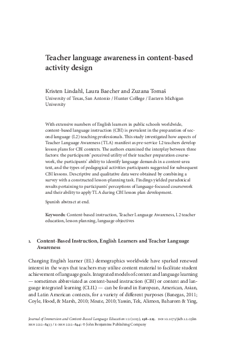 (PDF) Teacher language awareness in content-based activity design