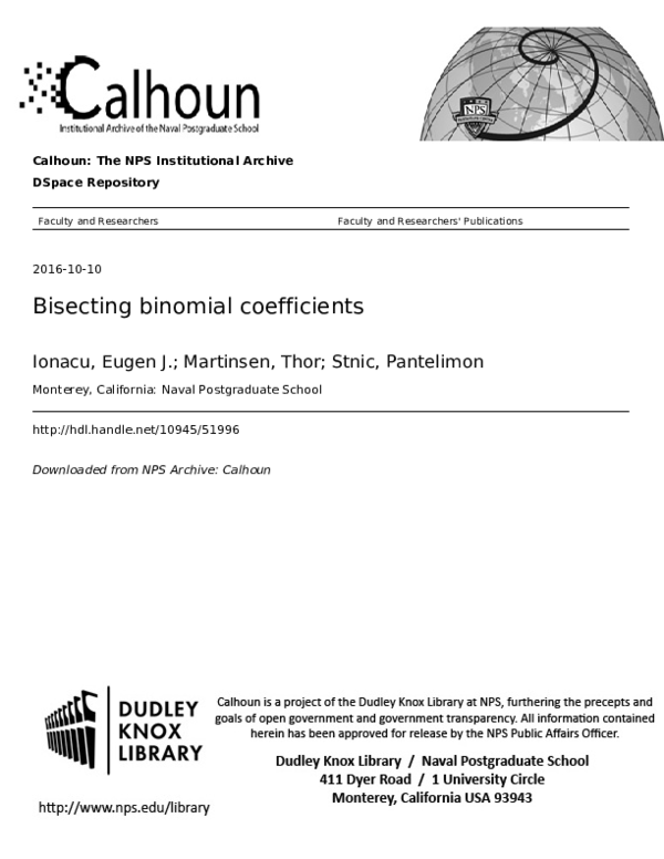 (PDF) Bisecting binomial coefficients | Eugen Ionaşcu - Academia.edu