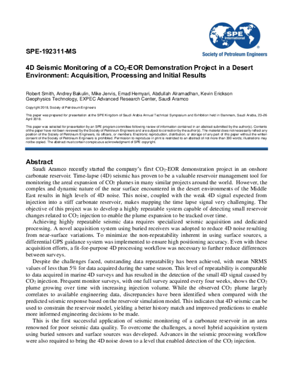 Pdf 4d Seismic Monitoring Of A Co2 Eor Demonstration Project In A Desert Environment