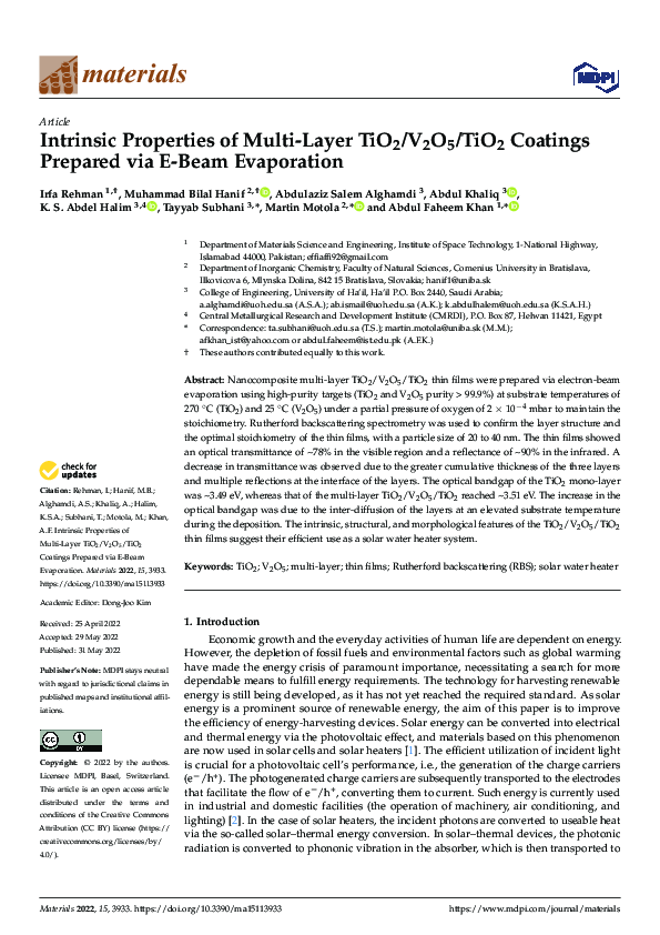 (PDF) Intrinsic Properties of Multi-Layer TiO2/V2O5/TiO2 Coatings Prepared via E-Beam Evaporation