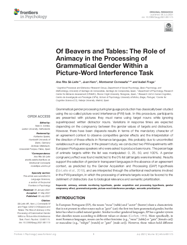 Pdf Of Beavers And Tables The Role Of Animacy In The Processing Of Grammatical Gender Within
