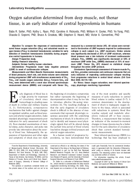 (PDF) Oxygen saturation determined from deep muscle, not thenar tissue ...