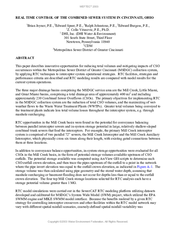 (PDF) Real Time Control of the Combined Sewer System in Cincinnati, Ohio
