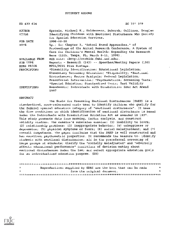 (PDF) Identifying Children with Emotional Disturbance Who Qualify for ...