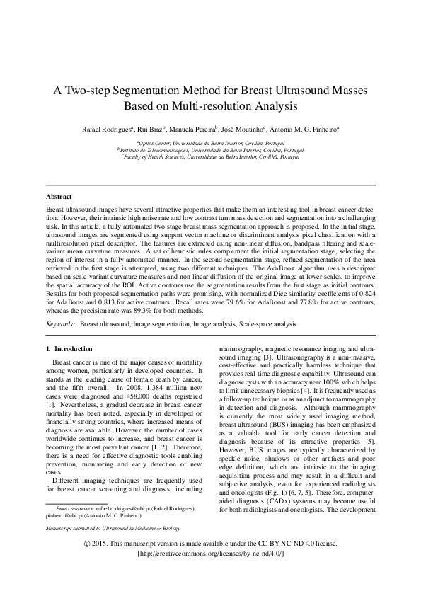 Pdf A Two Step Segmentation Method For Breast Ultrasound Masses Based On Multi Resolution Analysis