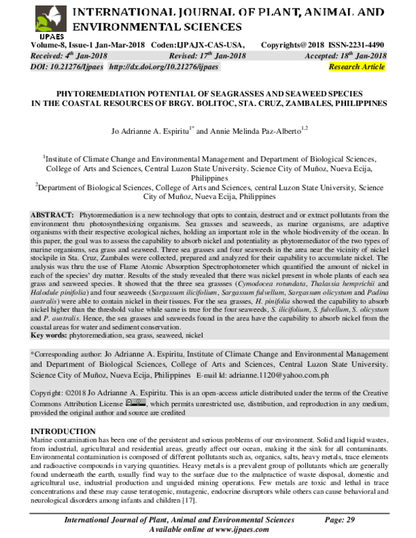 (PDF) PHYTOREMEDIATION POTENTIAL OF SEAGRASSES AND SEAWEED SPECIES IN ...