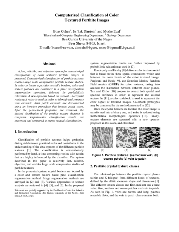 (PDF) Computerized classification of color textured perthite images | Moshe Eyal - Academia.edu