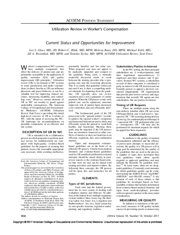 (PDF) Utilization Review in Workerʼs Compensation