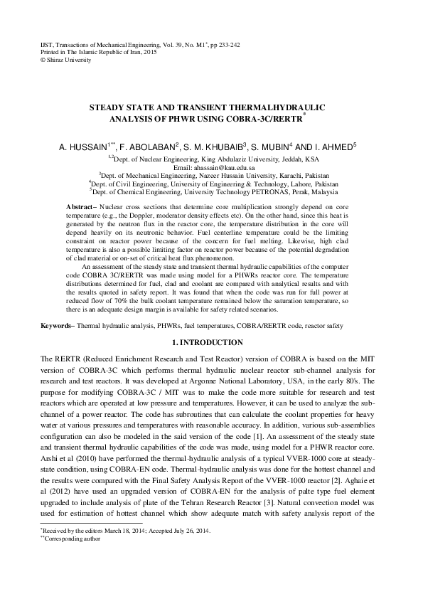 (PDF) Steady State and Transient Thermalhydraulic Analysis of PHWR ...