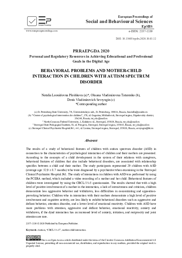 (PDF) Behavioral Problems and Mother-Child Interaction in Children With Autism Spectrum Disorder ...