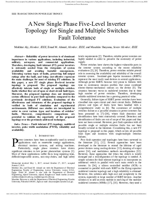 (PDF) A New Single-Phase Five-Level Inverter Topology for Single and Multiple Switches Fault ...