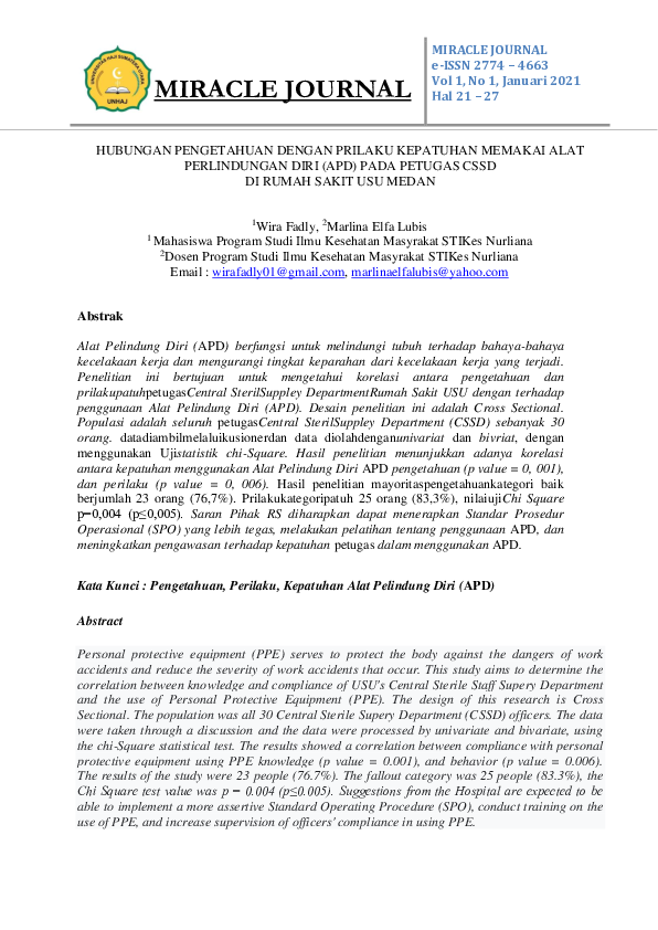 (PDF) Hubungan Pengetahuan Dengan Prilaku Kepatuhan Memakai Alat Perlindungan Diri (Apd) Pada ...