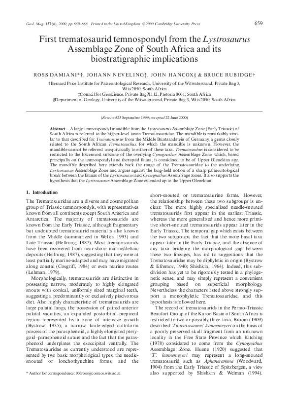 (PDF) First trematosaurid temnospondyl from the Lystrosaurus Assemblage ...