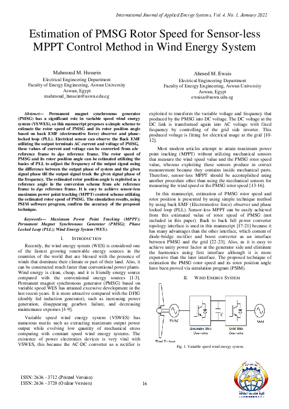 Pdf Estimation Of Pmsg Rotor Speed For Sensor Less Mppt Control