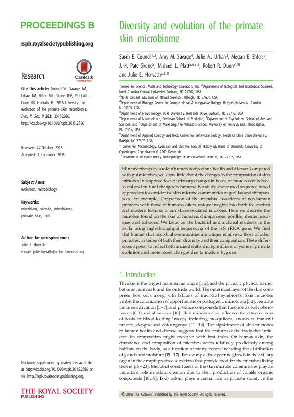 (PDF) Diversity and evolution of the primate skin microbiome