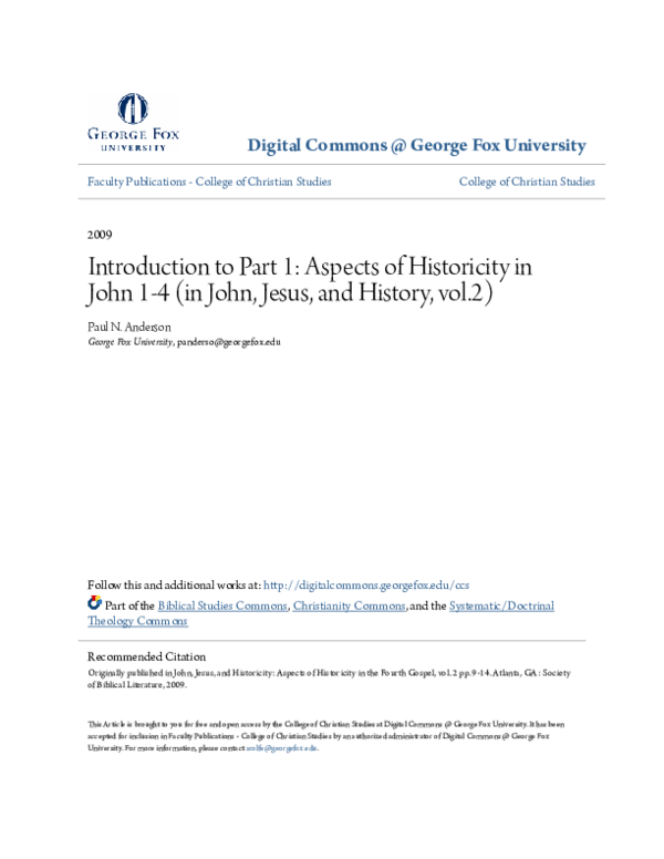 (PDF) Introduction to Part 1: Aspects of Historicity in John 1-4 (in ...