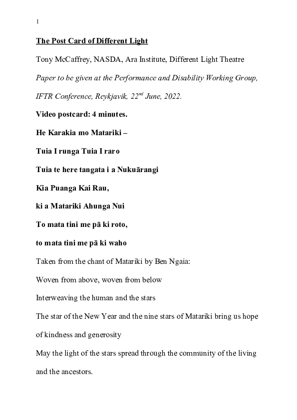 (DOC) Tony McCaffrey IFTR 2022 Paper. The Post Card of Different Light