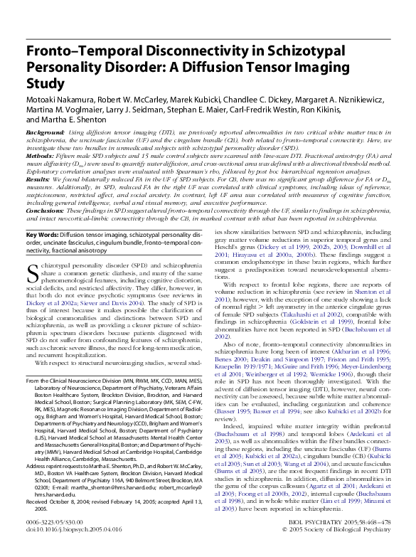 (PDF) Fronto–Temporal Disconnectivity in Schizotypal Personality Disorder: A Diffusion Tensor ...