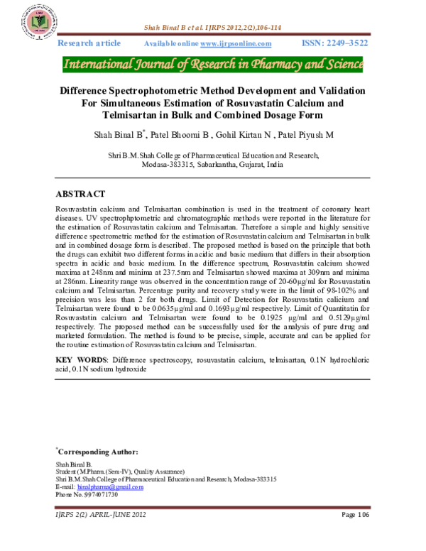 Pdf Difference Spectrophotometric Method Development And Validation For Simultaneous