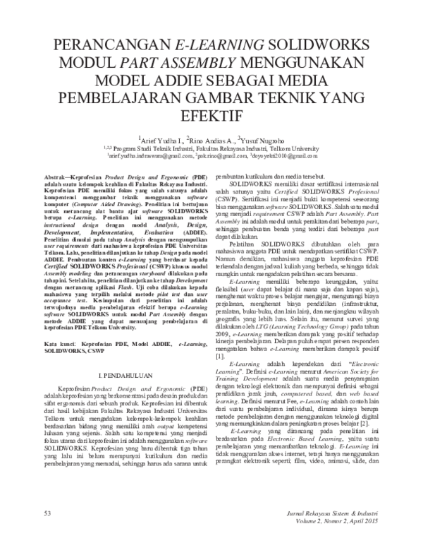 (PDF) Perancangan E-learning Solidworks Modul Part Assembly Menggunakan Model Addie Sebagai ...
