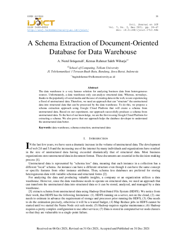Pdf A Schema Extraction Of Document Oriented Database For Data Warehouse
