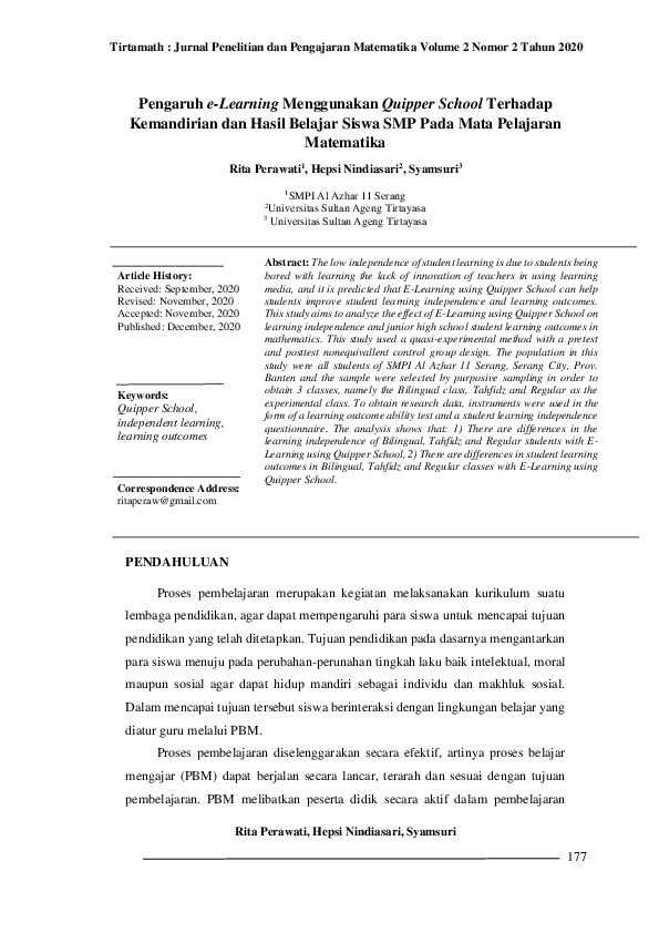 (PDF) Pengaruh E-Learning Menggunakan Quipper School Terhadap Kemandirian Belajar dan Hasil ...
