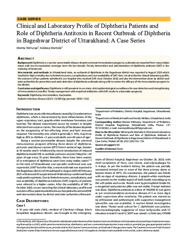 (PDF) Clinical and Laboratory Profile of Diphtheria Patients and Role ...