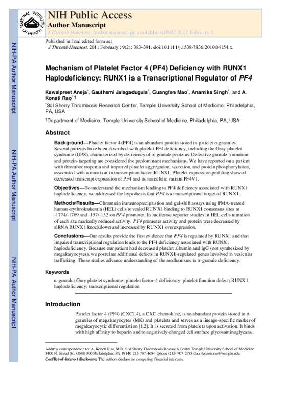 (PDF) Mechanism of platelet factor 4 (PF4) deficiency with RUNX1 haplodeficiency: RUNX1 is a ...
