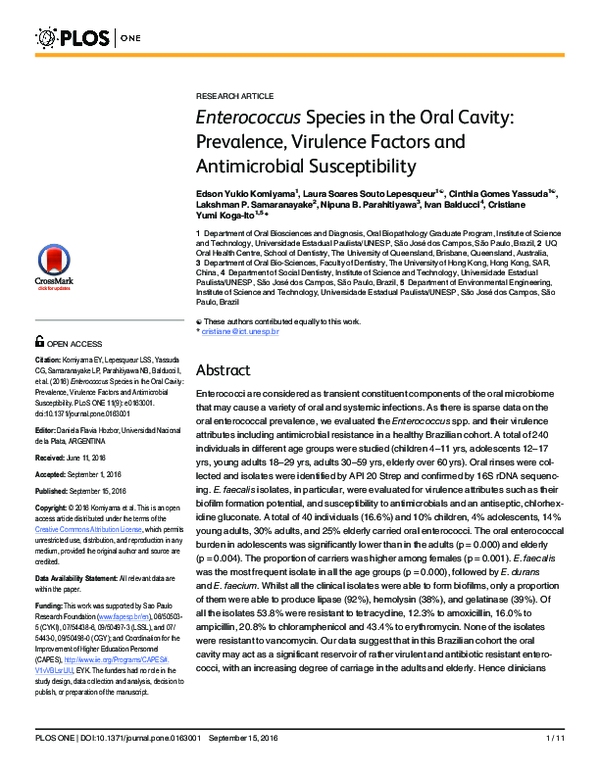 Pdf Enterococcus Species In The Oral Cavity Prevalence Virulence