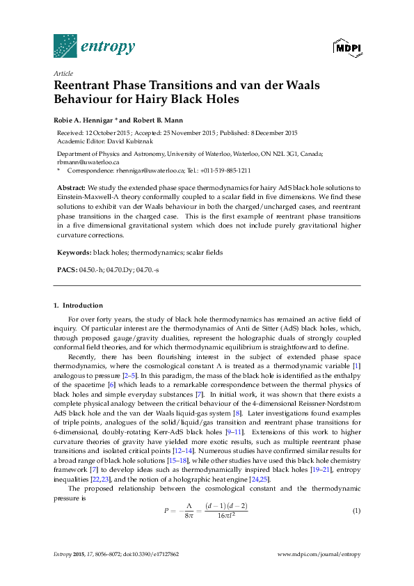 (PDF) Reentrant Phase Transitions and van der Waals Behaviour for Hairy ...