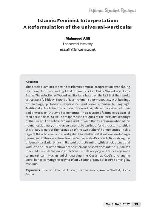 (PDF) Islamic Feminist Interpretation: A Reformulation of the Universal ...