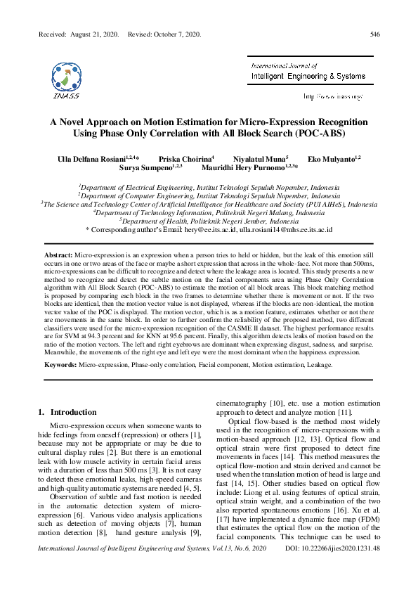 (PDF) A Novel Approach on Motion Estimation for Micro-Expression Recognition Using Phase Only ...