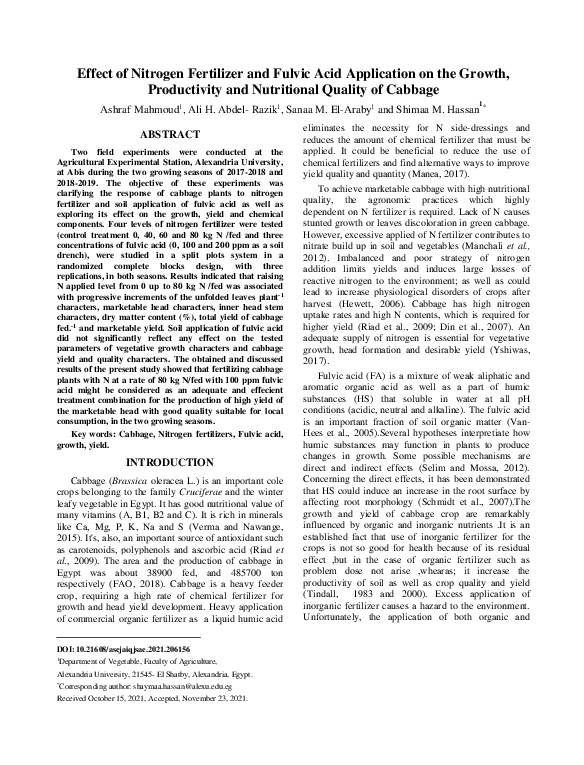 (PDF) Effect of Nitrogen Fertilizer and Fulvic Acid Application on the Growth, Productivity and ...