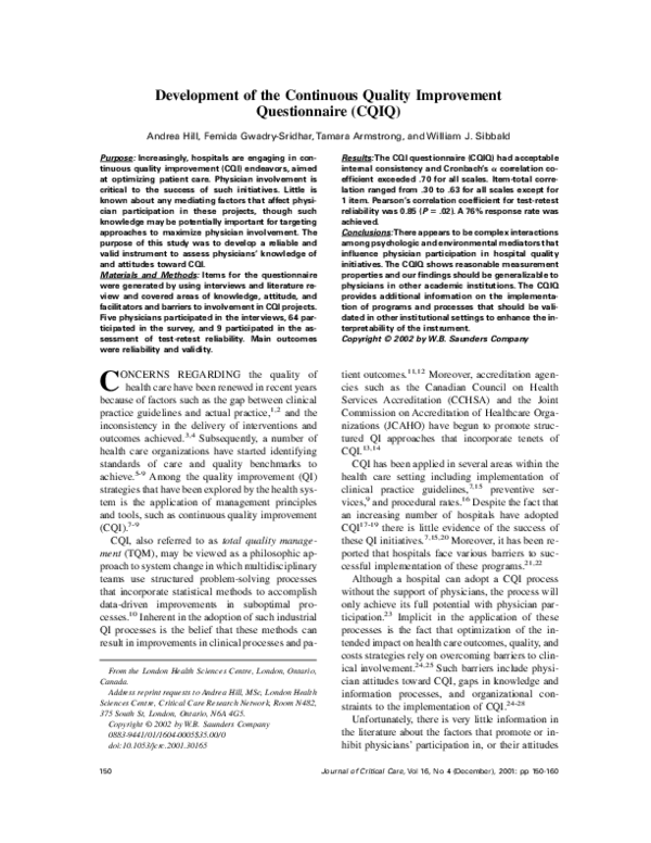 (PDF) Development of the continuous quality improvement questionnaire ...