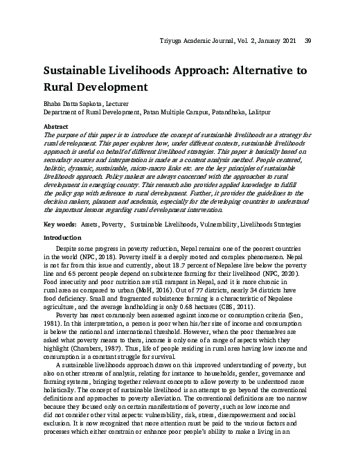 (PDF) Sustainable Livelihoods Approach: Alternative to Rural Development