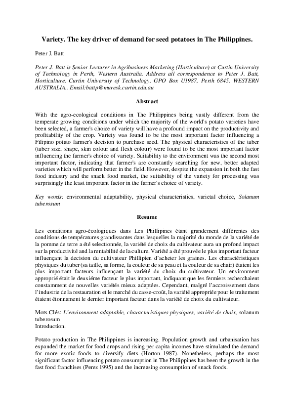 (PDF) Variety: The key driver of demand for seed potatoes in the ...