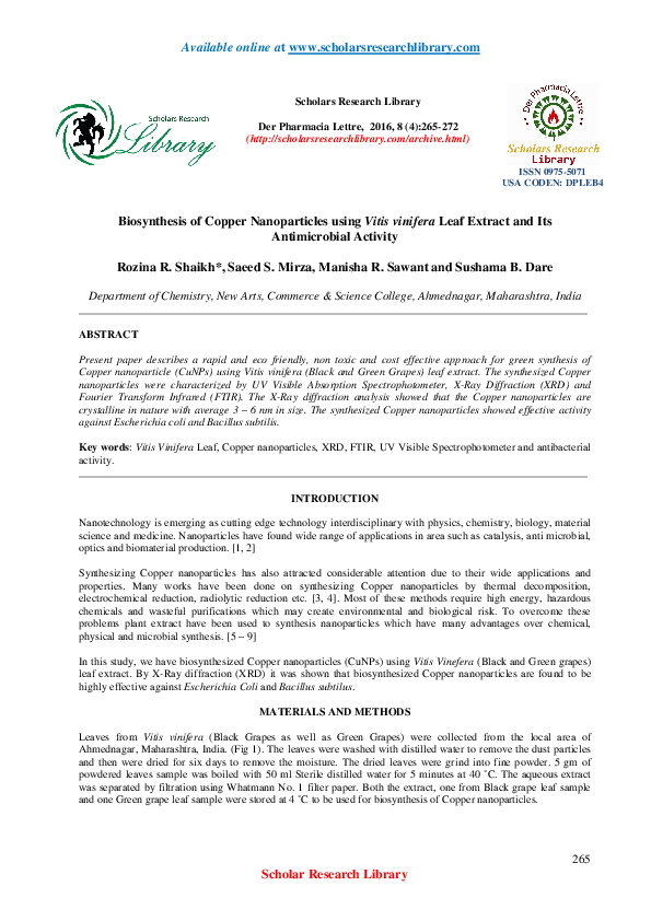 Pdf Biosynthesis Of Copper Nanoparticles Using Vitis Vinifera Leaf