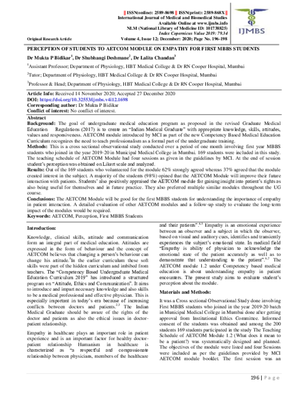 (PDF) Perception of Students to Aetcom Module on Empathy for First MBBS ...
