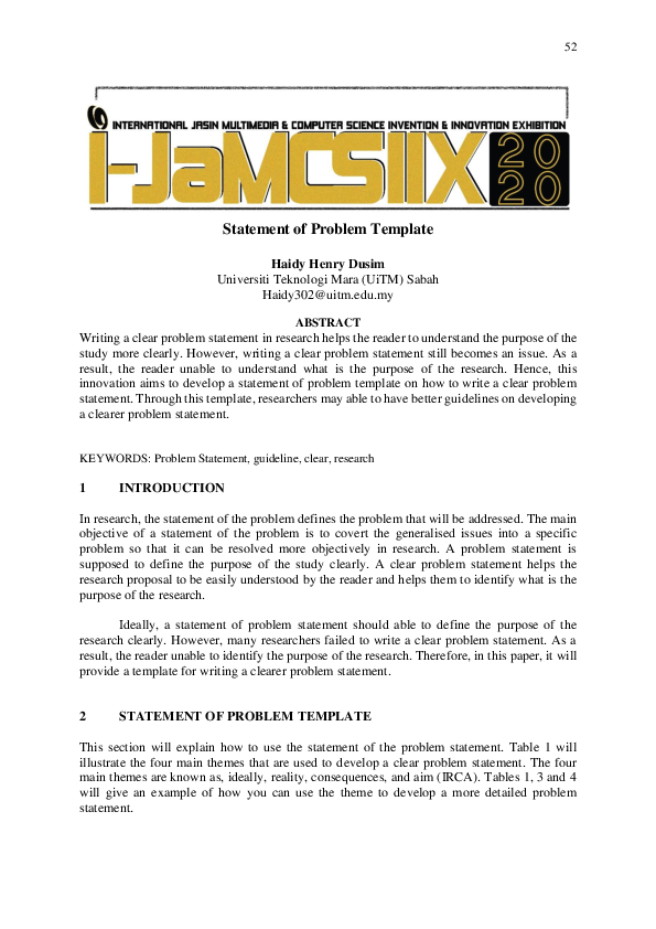 Pdf Statement Of Problem Template