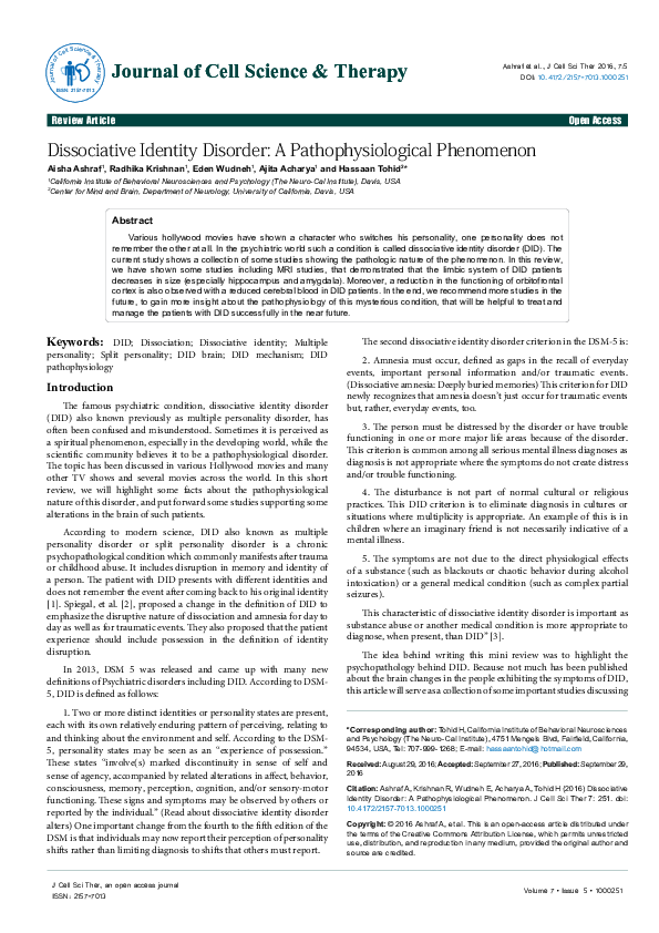 (PDF) Dissociative Identity Disorder: A Pathophysiological Phenomenon