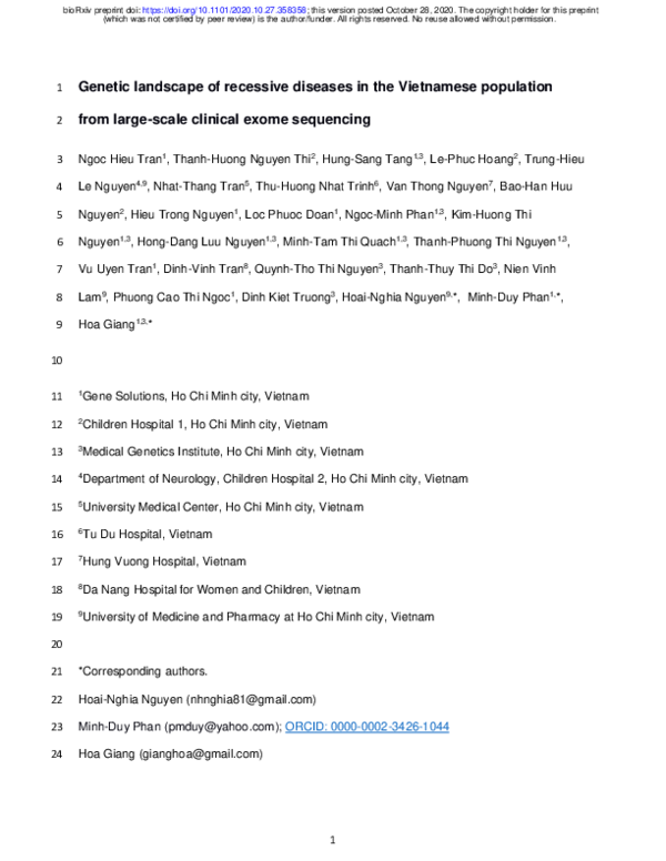 (PDF) Genetic landscape of recessive diseases in the Vietnamese population from large-scale ...