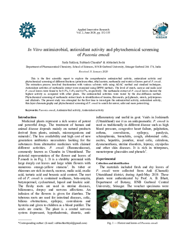 (PDF) In Vitro antimicrobial, antioxidant activity and phytochemical screening of Paeonia emodi